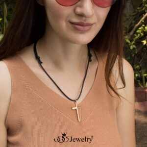 555Jewelry Stainless Steel Rose Gold Cross Necklace for Women, Leather Necklace for Women, Womens Cross Necklace, Cross Pendant for Women - Adjustable Leather Cord Rope Chain