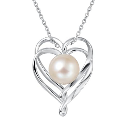 FANCIME June Birthstone Pearl Necklace 925 Sterling Silver Double Heart Necklace with Genuine Quality 9-10mm Freshwater Cultured Pearls Bridal Wedding Pearl Jewelry for Women