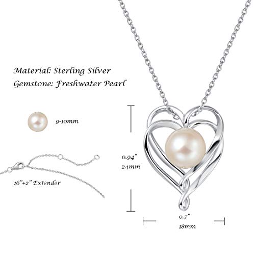 FANCIME June Birthstone Pearl Necklace 925 Sterling Silver Double Heart Necklace with Genuine Quality 9-10mm Freshwater Cultured Pearls Bridal Wedding Pearl Jewelry for Women