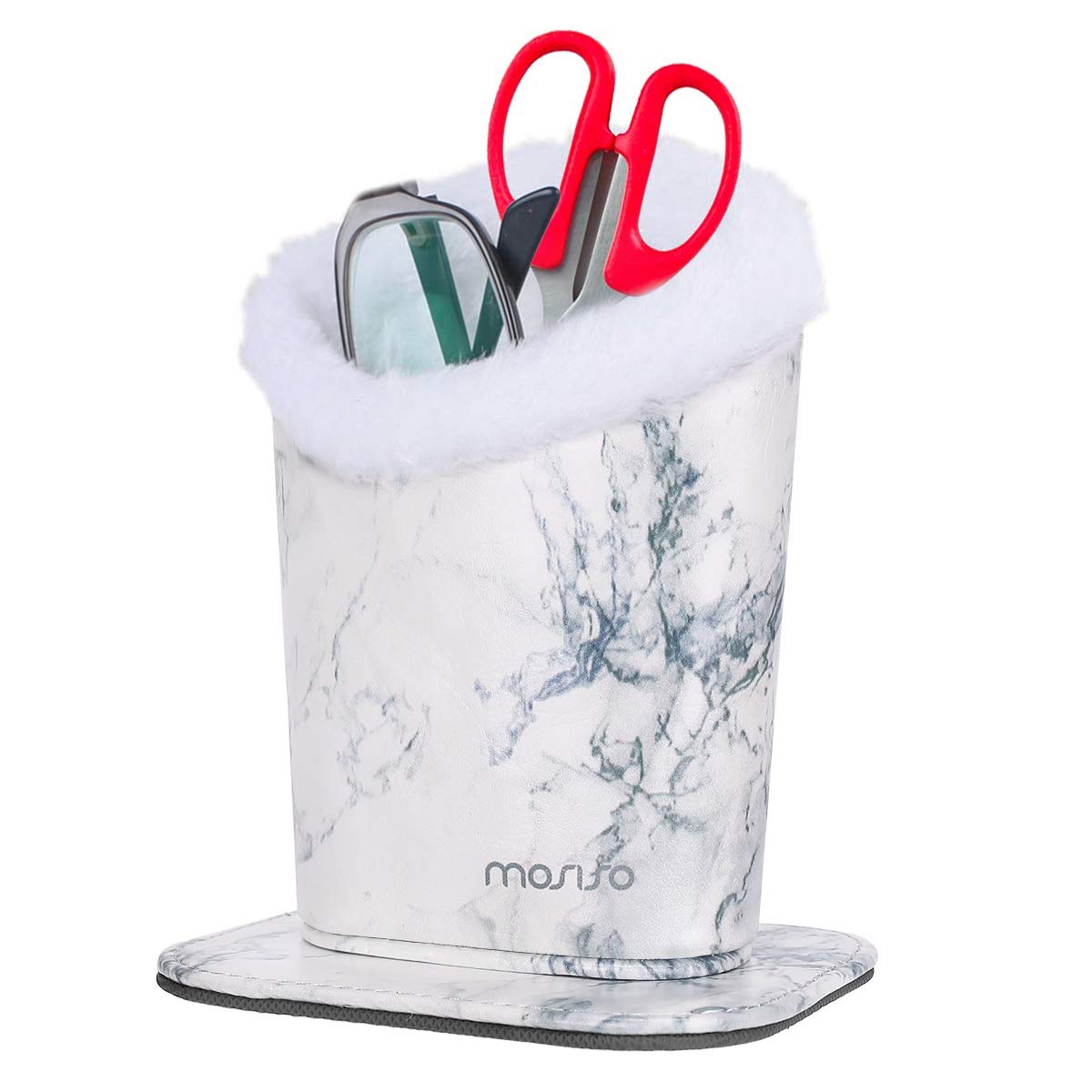 MOSISO Eyeglasses Holder, Plush Lined PU Leather Pattern Stand Case with Magnetic Base, White Marble