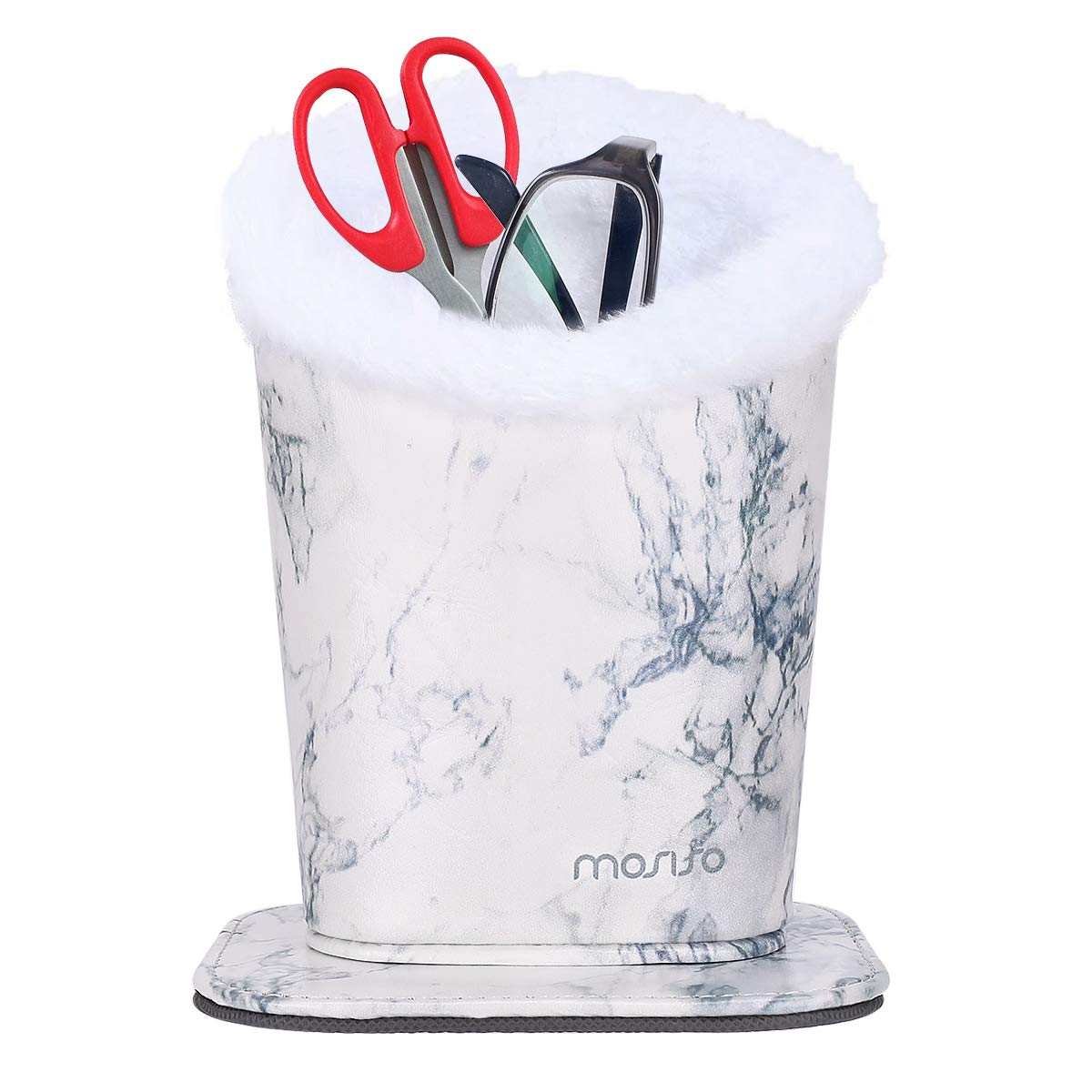 MOSISO Eyeglasses Holder, Plush Lined PU Leather Pattern Stand Case with Magnetic Base, White Marble