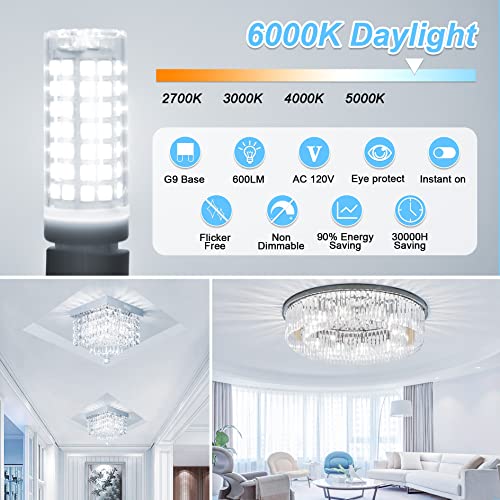 comzler G9 LED Bulb Bi Pin Base G9 6W LED Bulbs Daylight White 6000K, G9 Light Bulbs for Chandelier, Ceramic Base, 60W Halogen Equivalent, Non-dimmable, 600LM, Pack of 6