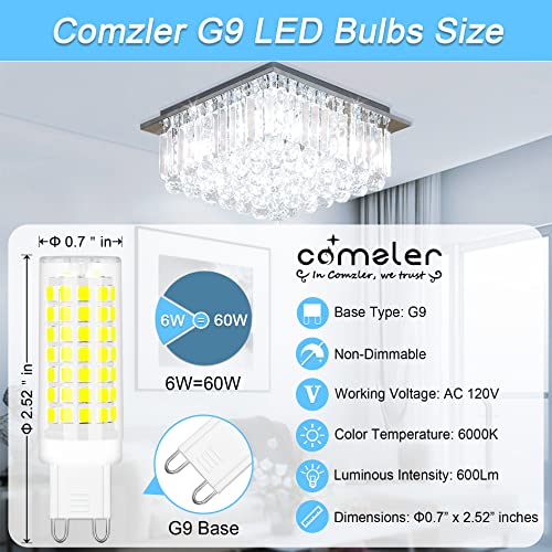 comzler G9 LED Bulb Bi Pin Base G9 6W LED Bulbs Daylight White 6000K, G9 Light Bulbs for Chandelier, Ceramic Base, 60W Halogen Equivalent, Non-dimmable, 600LM, Pack of 6