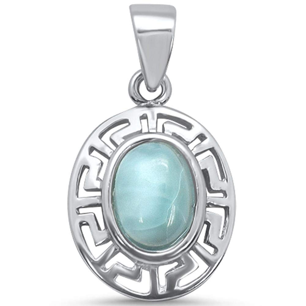 CloseoutWarehouse Natural Larimar Oval Greek Key Pendant Sterling Silver