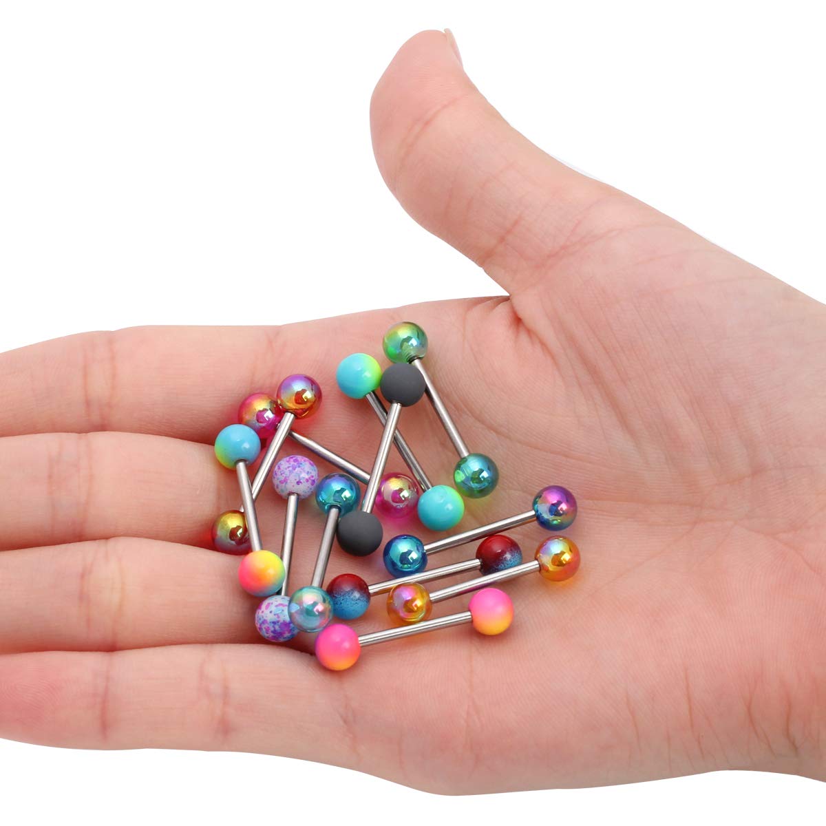 CrazyPiercing 12pcs Colorful Ball Tongue Rings, Stainless Steel Barbell Tongue Ring Retainer or Nipple Ring 14G Bar Length 16mm