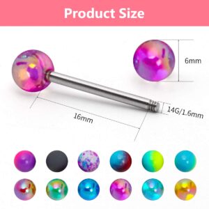 CrazyPiercing 12pcs Colorful Ball Tongue Rings, Stainless Steel Barbell Tongue Ring Retainer or Nipple Ring 14G Bar Length 16mm