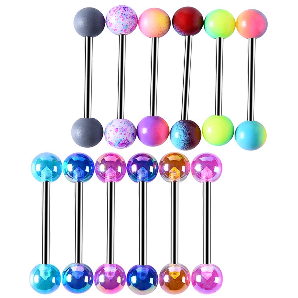 CrazyPiercing 12pcs Colorful Ball Tongue Rings, Stainless Steel Barbell Tongue Ring Retainer or Nipple Ring 14G Bar Length 16mm