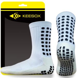 keesox anti slipping soccer socks - non slip grip socks for basketball running football unisex size 6-10.5 1 pair (white)