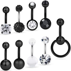 dyknasz 9pcs 14g dangle short belly button rings clear diamond cz surgical steel navel barbell body jewelry piercing for women black externally threaded 10mm