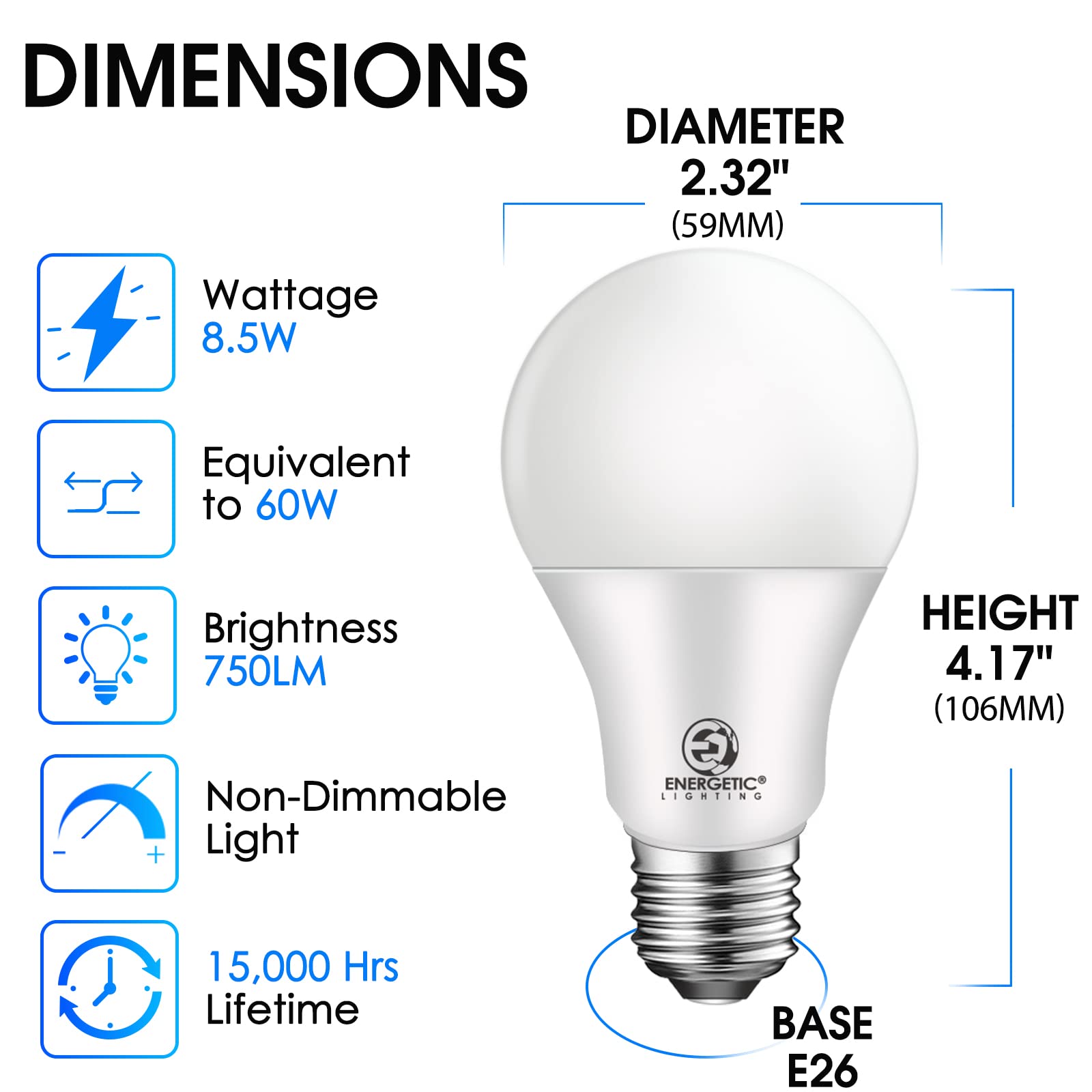 Energetic Lighting LED Light Bulbs 60 Watt Equivalent, A19, Warm White 3000K, E26 Base, Non-Dimmable, 750lm, UL Listed, 16-Pack