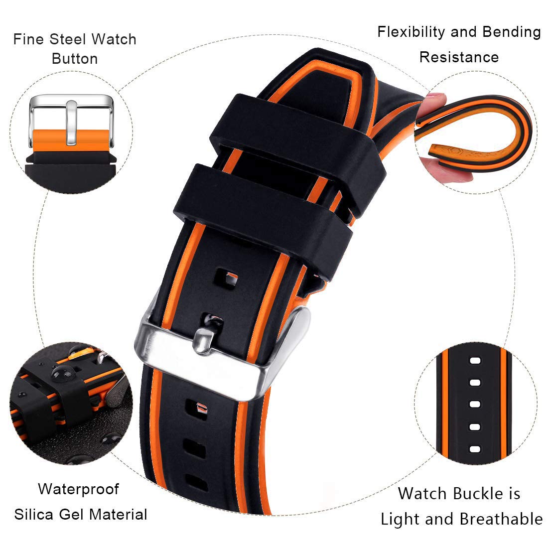 Narako Silicone Watch Bands Divers Model Replacement Rubber Watch Strap 20mm 22mm 24mm 26mm Waterproof Line Bicolor Silver Buckle for Men and Women Sport (26mm, Orange)