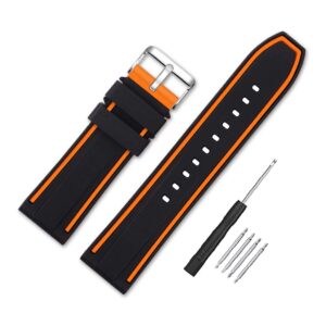 Narako Silicone Watch Bands Divers Model Replacement Rubber Watch Strap 20mm 22mm 24mm 26mm Waterproof Line Bicolor Silver Buckle for Men and Women Sport (26mm, Orange)