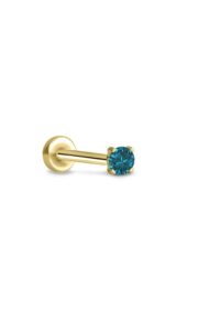 316 stainless steel yellow gold-tone threadless push pin nose ring labret monroe stud 1.5mm prong teal cz 18g