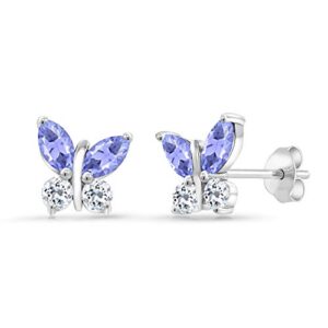 gem stone king 925 silver marquise blue tanzanite and white topaz butterfly earrings for women (1.56 cttw, gemstone december birthstone, center stone: 6x3mm, small stones: 3mm)