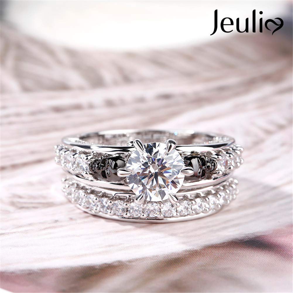 Jeulia 4Carat Women Curved Two Tone Skull Rings Sterling Silver White Diamond Bridal Ring Set Round Cut Halo Engagement Rings Cubic Zirconia Eternity Band Promise Wedding Anniversary (7)