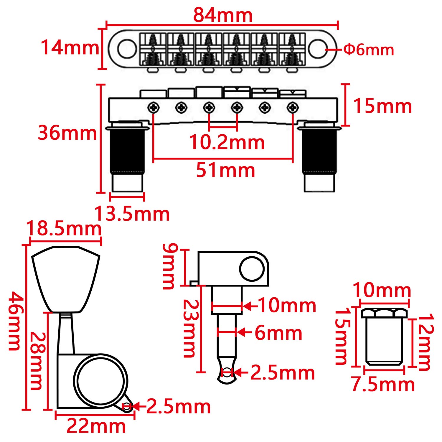 Swhmc Gold Guitar Parts Set Saddle Bridge Tune-O-Matic Tailpiece and 3L3R Sealed Gear Tuning Pegs Keys Machine Head for Les Paul Electric Guitar