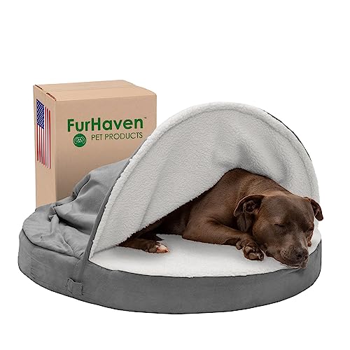 Furhaven 35" Round Cooling Gel Dog Bed for Large/Medium Dogs w/ Removable Washable Cover, For Dogs Up to 50 lbs - Sherpa & Suede Snuggery - Gray, 35-inch