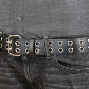 Grommet Eyelet Uniform Belt Made in USA Genuine Leather Punk Goth Thrash Metal (L-36) Black