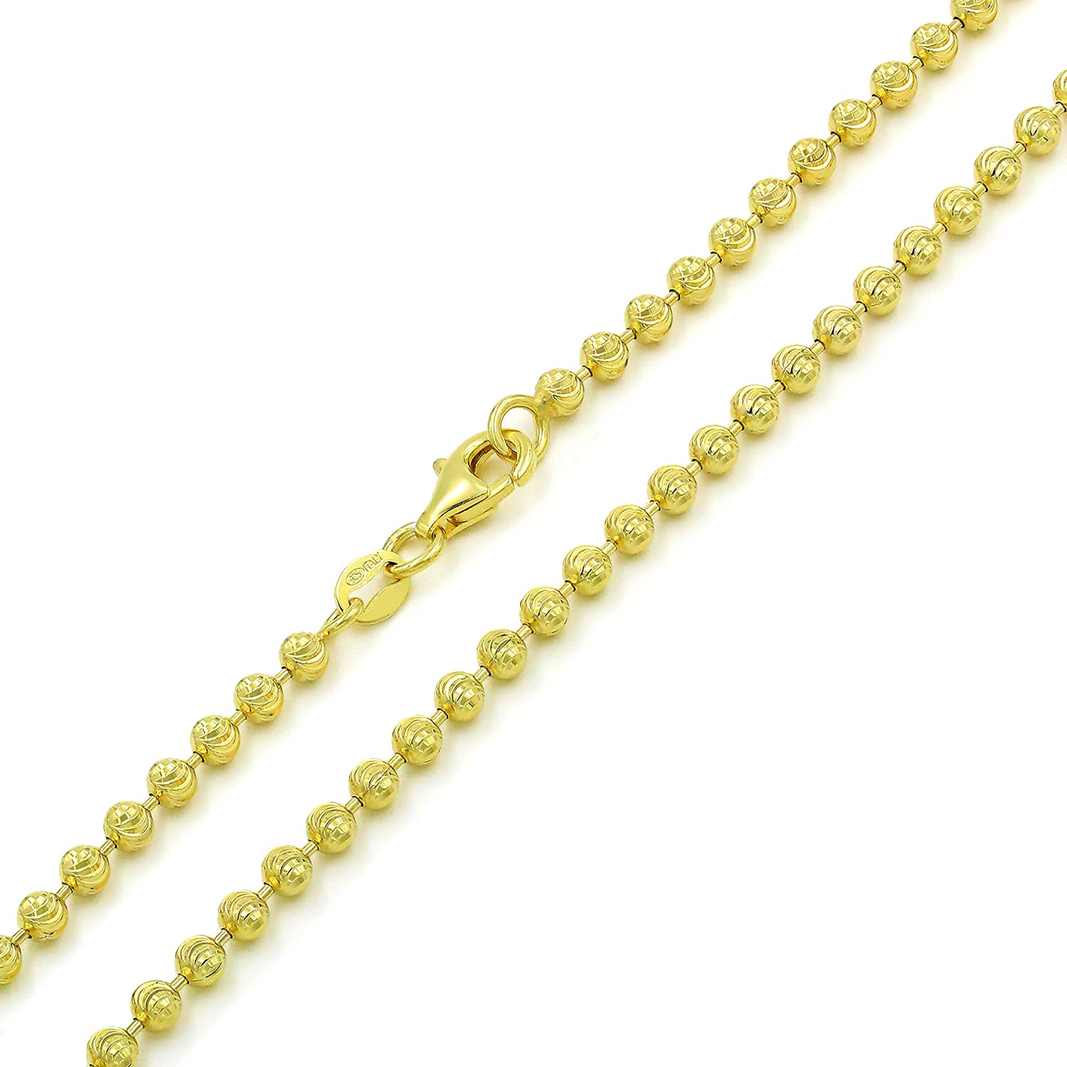 Giorgio Bergamo 925 Italian Sterling Silver 3mm Ball Bead Moon Cut Chain, Yellow Gold Dog Tag Solid Necklace, (20)