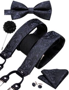 barry.wang men black paisley suspender and bow tie set y shape heavy duty 6 clips braces