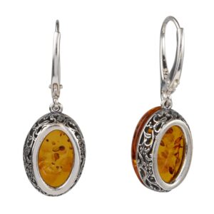 Amber Earrings - French Leverback Honey Oval Baltic Amber Dangling Earrings "Lois" - Sterling Silver Jewelry Collection