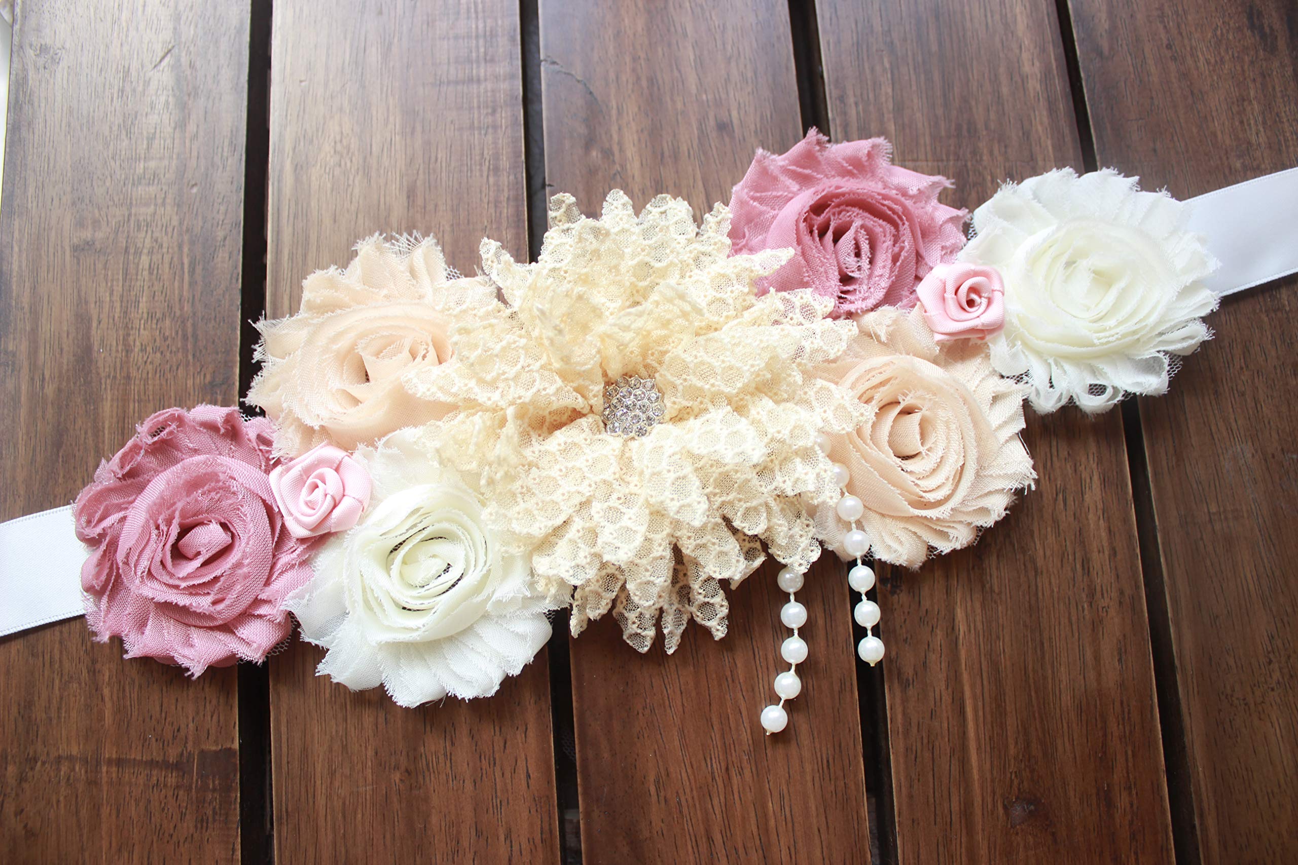 Vintage maternity sash for baby shower pregnancy flowers sash (Champange)