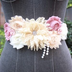 Vintage maternity sash for baby shower pregnancy flowers sash (Champange)