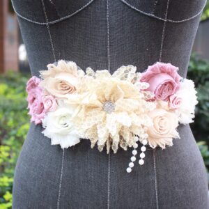 Vintage maternity sash for baby shower pregnancy flowers sash (Champange)