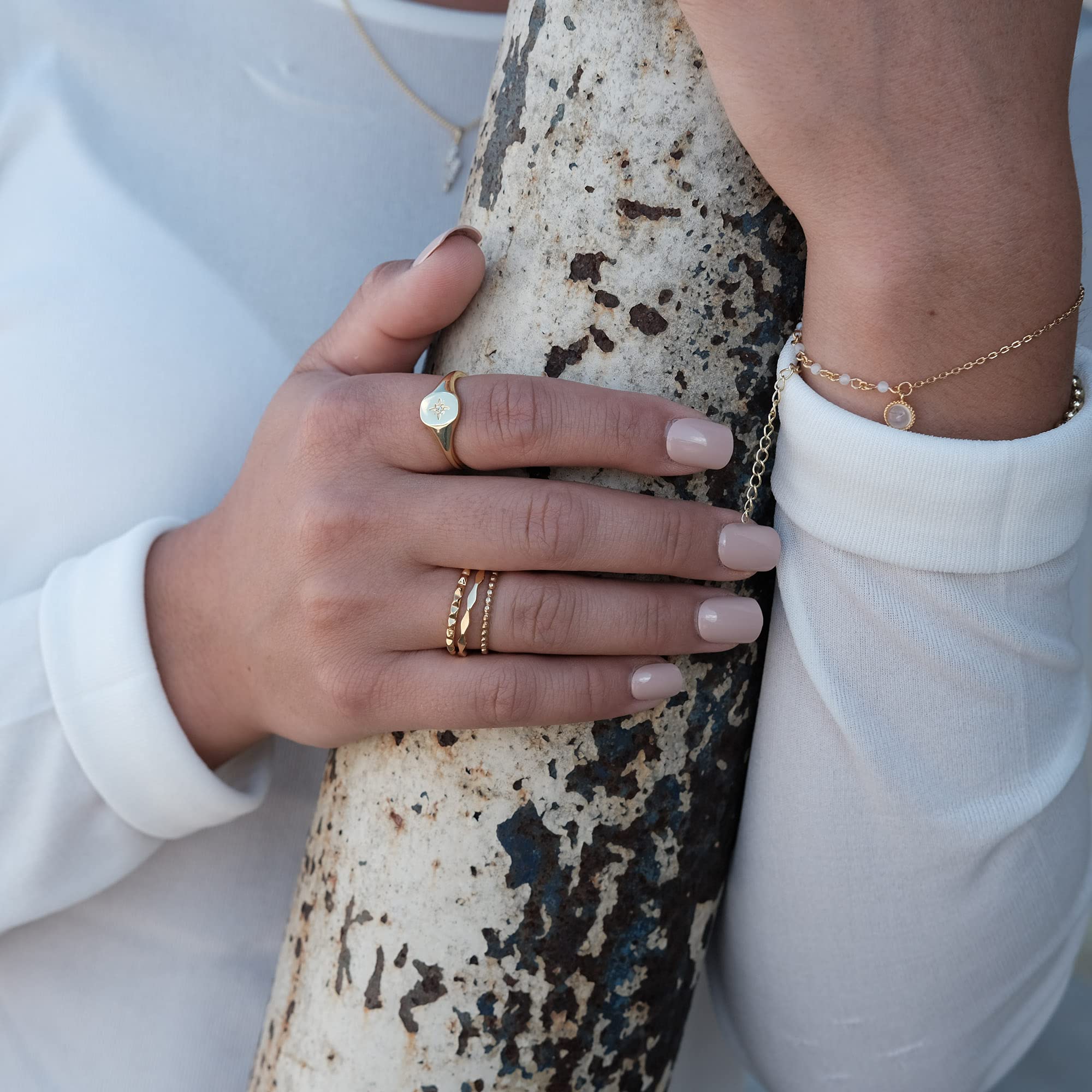 BLOSSOM & HUE Stackable Ring [18K Gold Dipped .925 Sterling Silver] Dainty Edgy Eternity Ring [Size 8] - Minimalist Milgrain Stacking Band [Hypoallergenic]