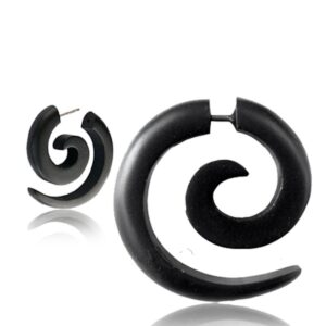 earth accessories spiral fake gauges for women or men - faux gauge earrings with organic wood and surgical steel - fake plugs sold as a pair in black