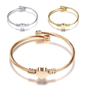 MiniJewelry Simpl Gold Love Heart Bangle Bracelets for Women BFF Family Stainless Steel Adjustable Birthday