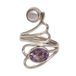 novica artisan handmade amethyst pearl ring sterling silver purple white multi stone wrap indonesia birthstone [crownbezel 1 in l x 0.5 in w x 0.2 in h band width 5 mm w] ' pure in heart'