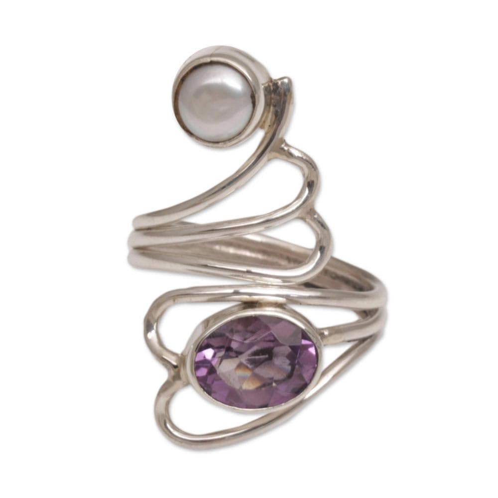 NOVICA Artisan Handmade Amethyst Pearl Ring Sterling Silver Purple White Multi Stone Wrap Indonesia Birthstone [crownbezel 1 in L x 0.5 in W x 0.2 in H Band Width 5 mm W] ' Pure in Heart'