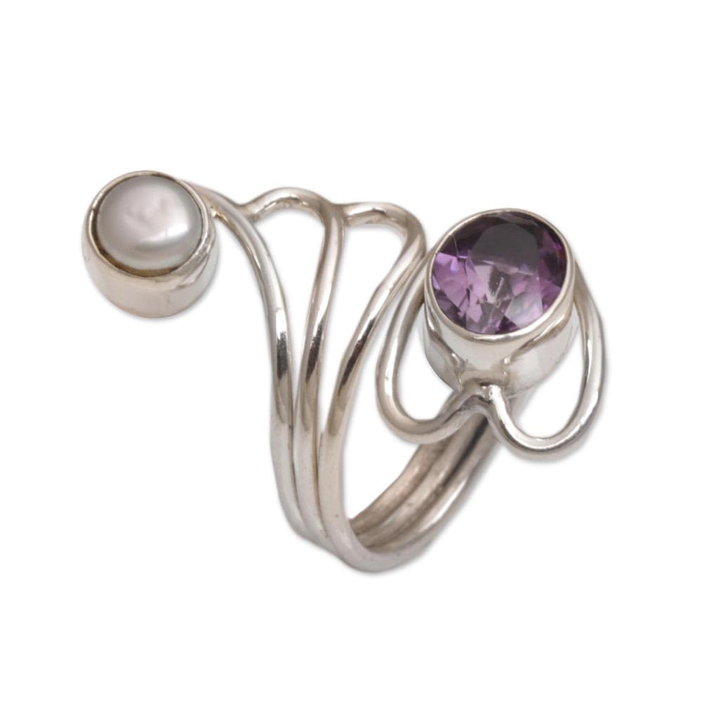 NOVICA Artisan Handmade Amethyst Pearl Ring Sterling Silver Purple White Multi Stone Wrap Indonesia Birthstone [crownbezel 1 in L x 0.5 in W x 0.2 in H Band Width 5 mm W] ' Pure in Heart'