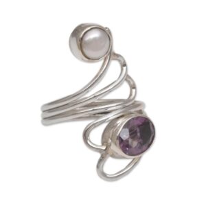 NOVICA Artisan Handmade Amethyst Pearl Ring Sterling Silver Purple White Multi Stone Wrap Indonesia Birthstone [crownbezel 1 in L x 0.5 in W x 0.2 in H Band Width 5 mm W] ' Pure in Heart'