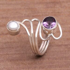 NOVICA Artisan Handmade Amethyst Pearl Ring Sterling Silver Purple White Multi Stone Wrap Indonesia Birthstone [crownbezel 1 in L x 0.5 in W x 0.2 in H Band Width 5 mm W] ' Pure in Heart'