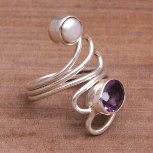 NOVICA Artisan Handmade Amethyst Pearl Ring Sterling Silver Purple White Multi Stone Wrap Indonesia Birthstone [crownbezel 1 in L x 0.5 in W x 0.2 in H Band Width 5 mm W] ' Pure in Heart'