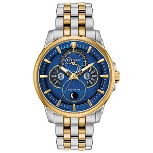 citizen men's classic calendrier eco-drive watch, moonphase indicator, month, day and date, two tone/blue dial