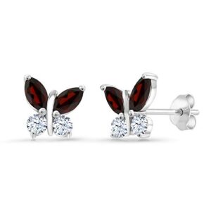 gem stone king 925 silver marquise red garnet and white created sapphire butterfly earrings for women (1.56 cttw, gemstone january birthstone, center stone: 6x3mm, small stones: 3mm)