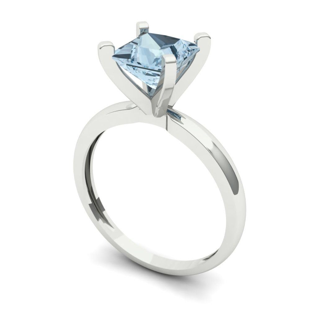 Clara Pucci 1.50 ct Princess Cut Solitaire Aquamarine Blue Simulated Diamond Bridal Wedding Anniversary Engagement Ring 14k White Gold