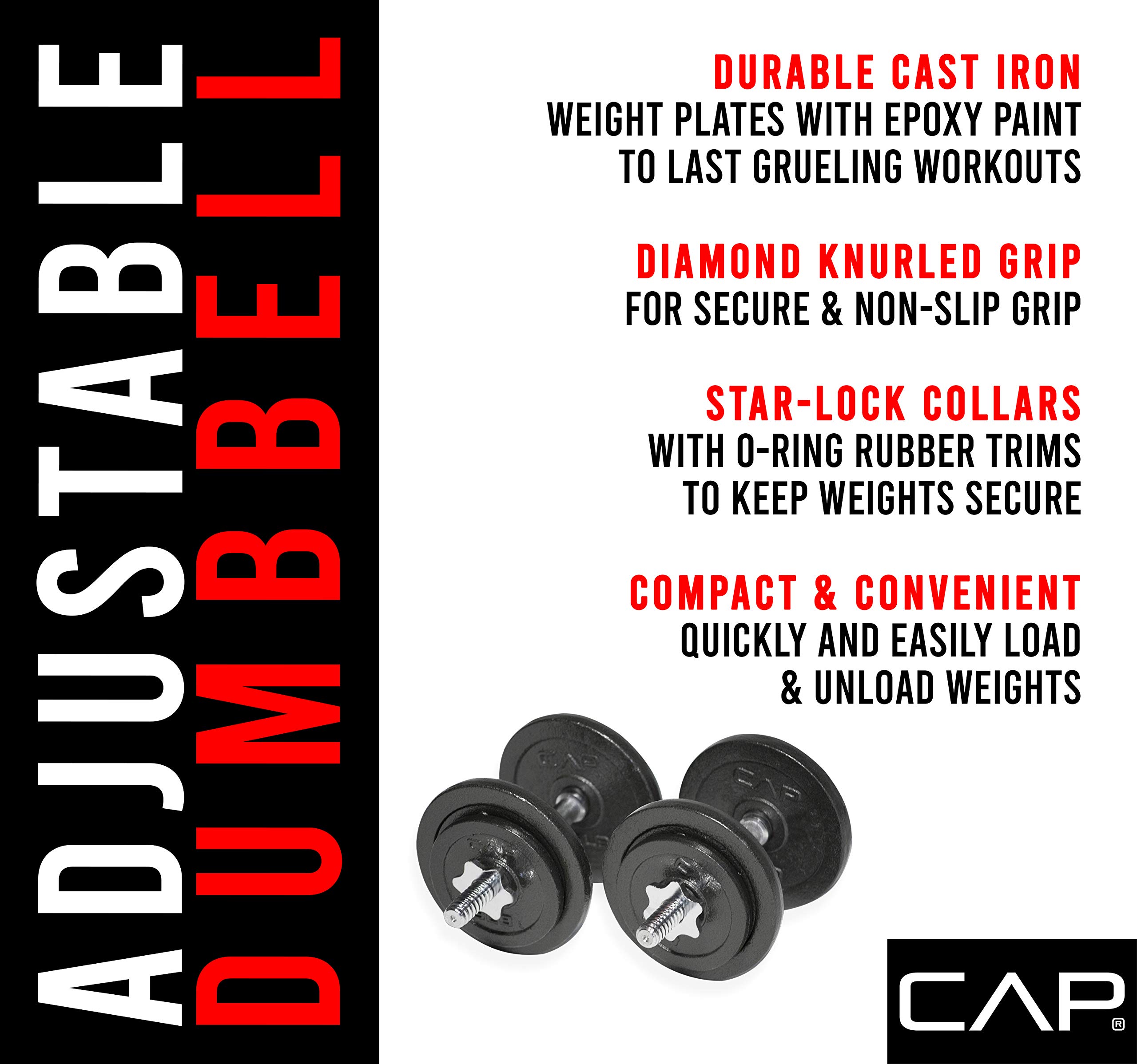 CAP Barbell 25-Pound Adjustable Dumbbell Weight Set, c. Black, 50 LB (Pair)