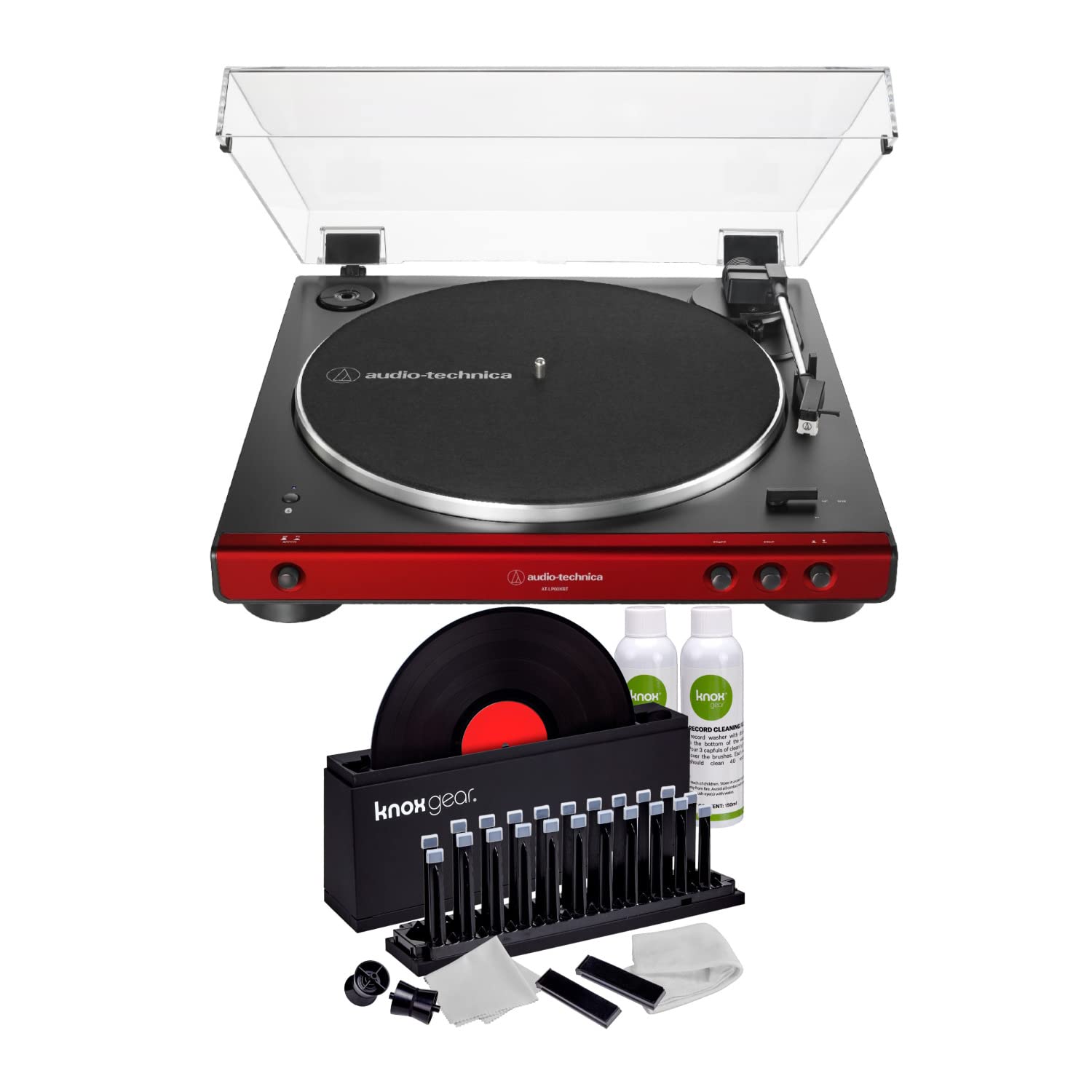 Audio-Technica AT-LP60XBT Bluetooth Fully Automatic Stereo Turntable (Red) Bundle with Vinyl Record Cleaner Kit (2 Items)