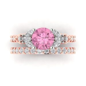 clara pucci 2.66 carat round shape 3 stone pink zircon engagement wedding anniversary bridal ring band set 14k rose white gold 4.25