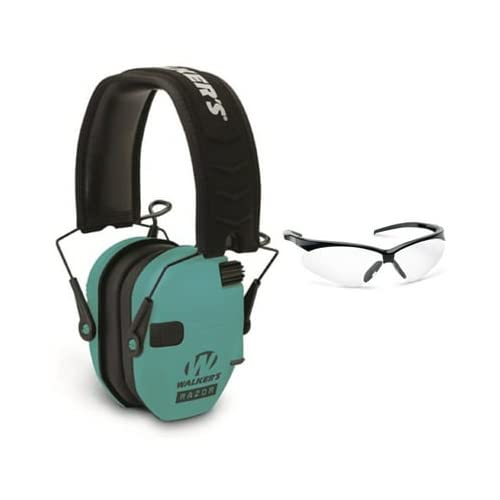 Walkers Razor Slim Electronic Shooting Range Earmuffs (Teal) Bundle with Glasses Kit (2 Items)