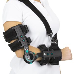 vive hinged elbow brace (fits right) - range of motion support sling stabilizer for dislocated arm - rom adjustable splint & shoulder strap - post tendon injury & surgery pain relief recovery