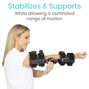 Vive Hinged Elbow Brace (Fits Right) - Range of Motion Support Sling Stabilizer for Dislocated Arm - ROM Adjustable Splint & Shoulder Strap - Post Tendon Injury & Surgery Pain Relief Recovery