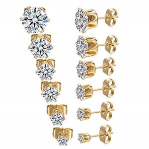 bulyroki 6 pairs 18k gold plated cz stud earrings simulated diamond round cubic zirconia ear stud set 3mm-8mm (gold)