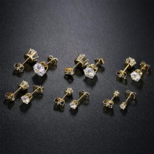 Bulyroki 6 Pairs 18K Gold Plated CZ Stud Earrings Simulated Diamond Round Cubic Zirconia Ear Stud Set 3mm-8mm (Gold)