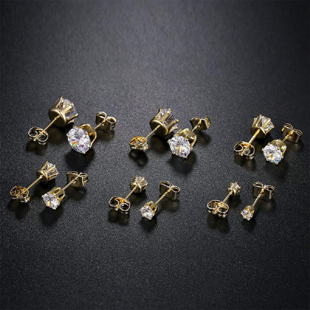 Bulyroki 6 Pairs 18K Gold Plated CZ Stud Earrings Simulated Diamond Round Cubic Zirconia Ear Stud Set 3mm-8mm (Gold)