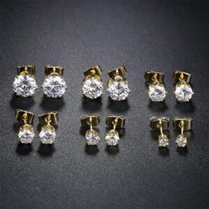 Bulyroki 6 Pairs 18K Gold Plated CZ Stud Earrings Simulated Diamond Round Cubic Zirconia Ear Stud Set 3mm-8mm (Gold)